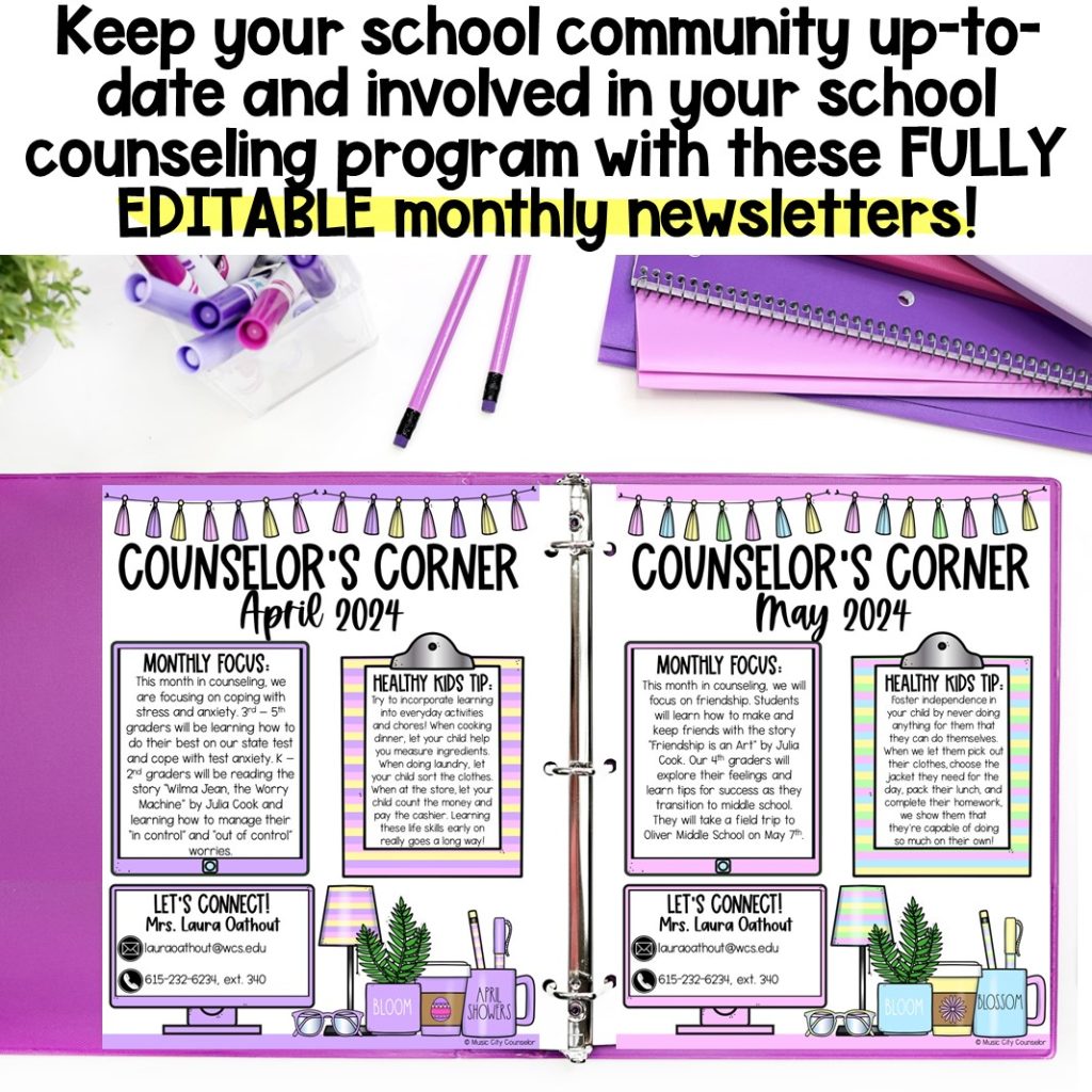 School Counseling Monthly Newsletter, Editable - Music City Counselor
