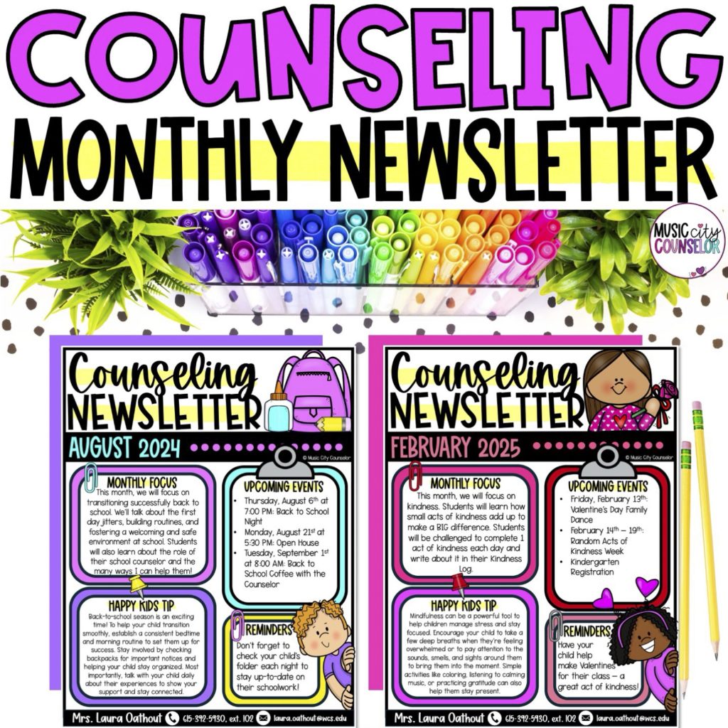 School Counseling Editable Monthly Newsletter - Music City Counselor