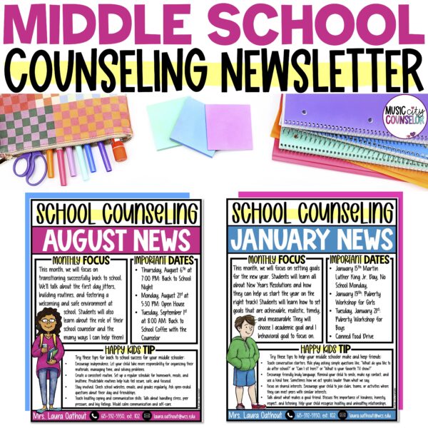 Middle School Counseling Editable Monthly Newsletter - Music City Counselor