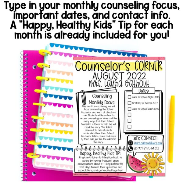 School Counseling Monthly Newsletter, Editable - Music City Counselor